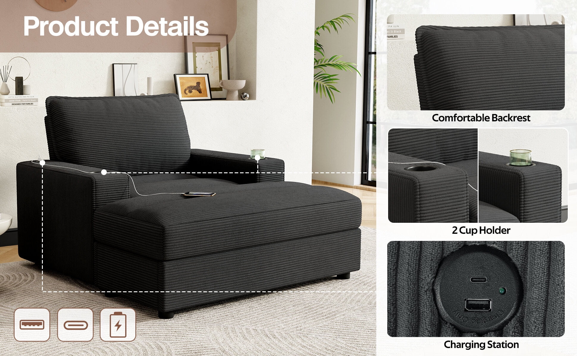 Modern Sofas 42.8" Oversized Chaise Lounge Chair with Storage Ottoman ...