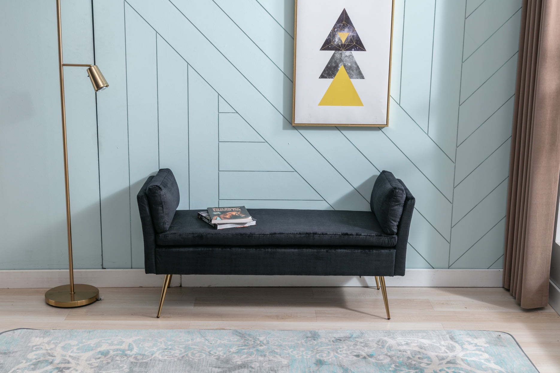 Modern Solid PlyWood Living Room Bench with Pillows and Arms, Polyester ...