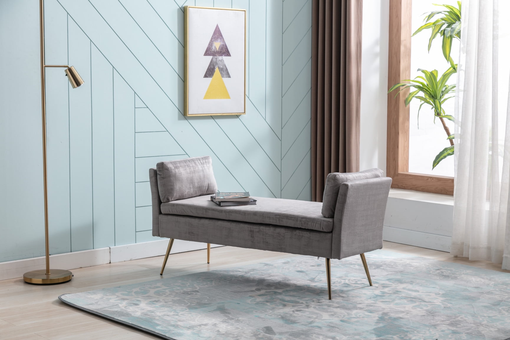 Modern Solid PlyWood Living Room Bench with Pillows and Arms, Polyester ...