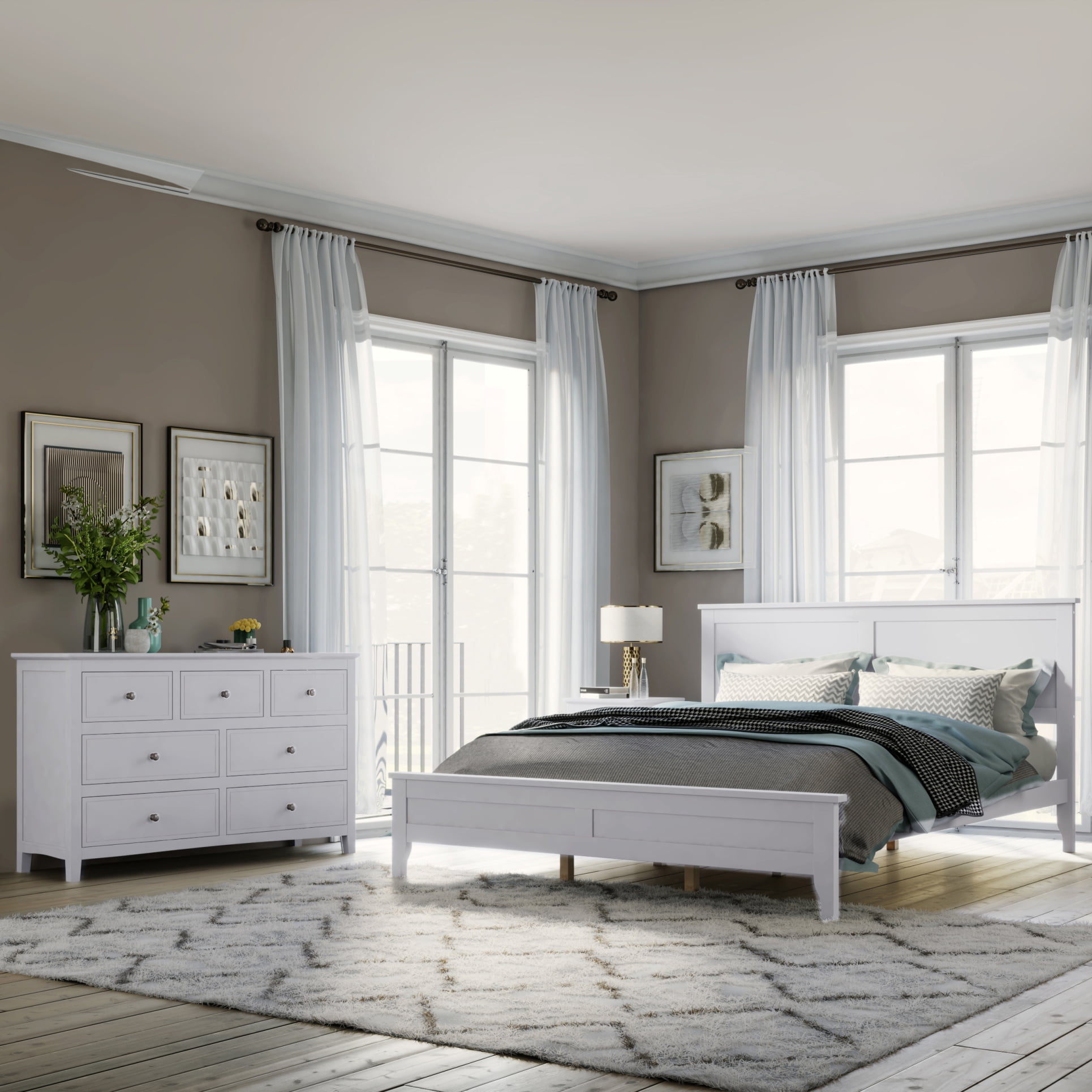 Modern Solid Wood 3 Pieces Queen Size Bedroom Sets, Bed with Headboard ...