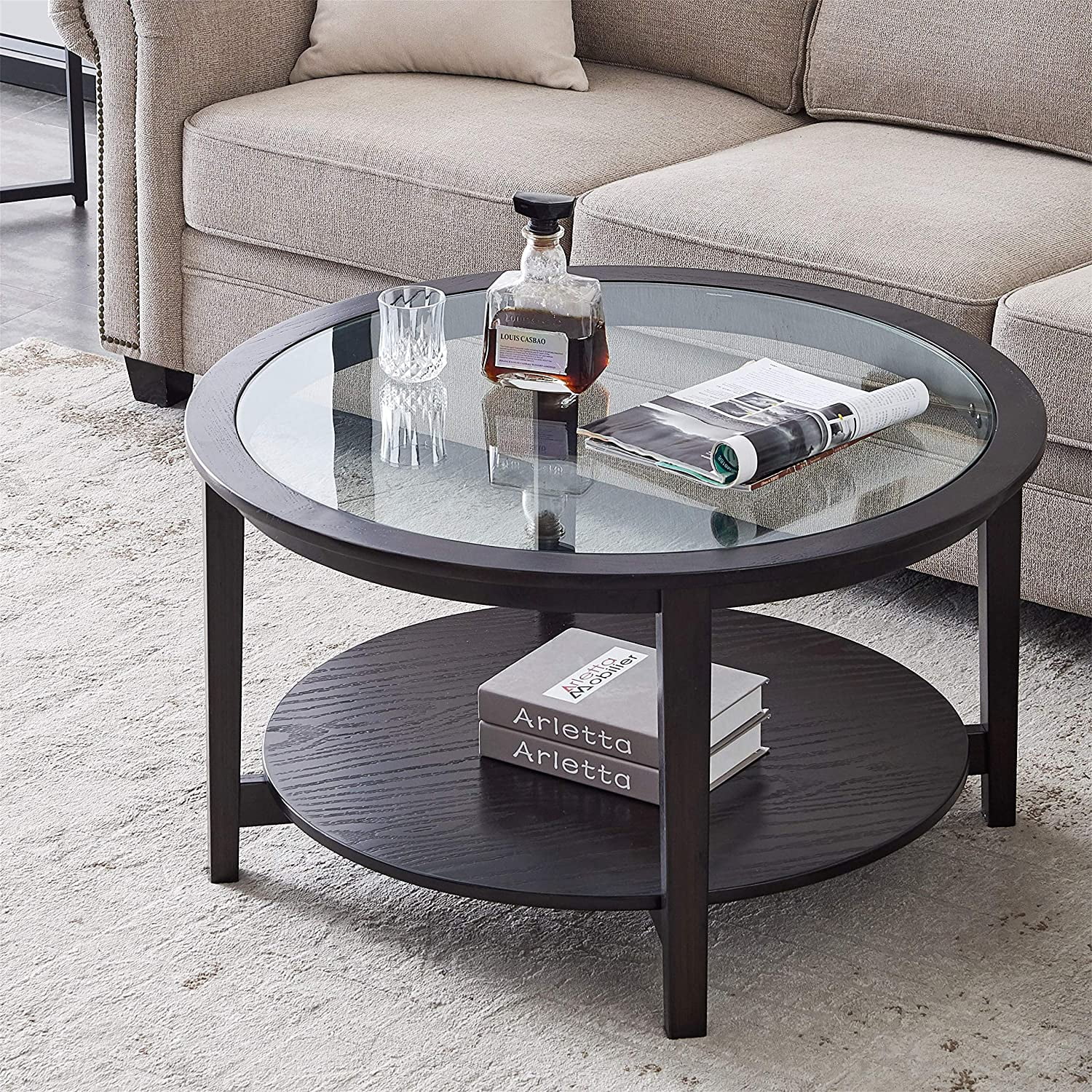 Modern Solid Wood Round Coffee Table with Tempered Glass Top,36 Inch ...