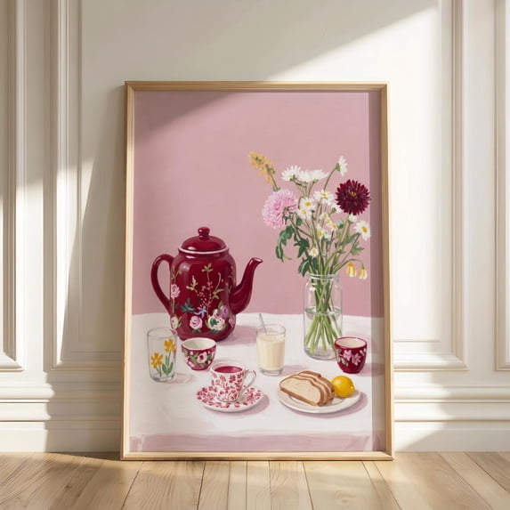 Modern Southern Floral Tea Party Red Teapot Still Life Pink Kitchen ...