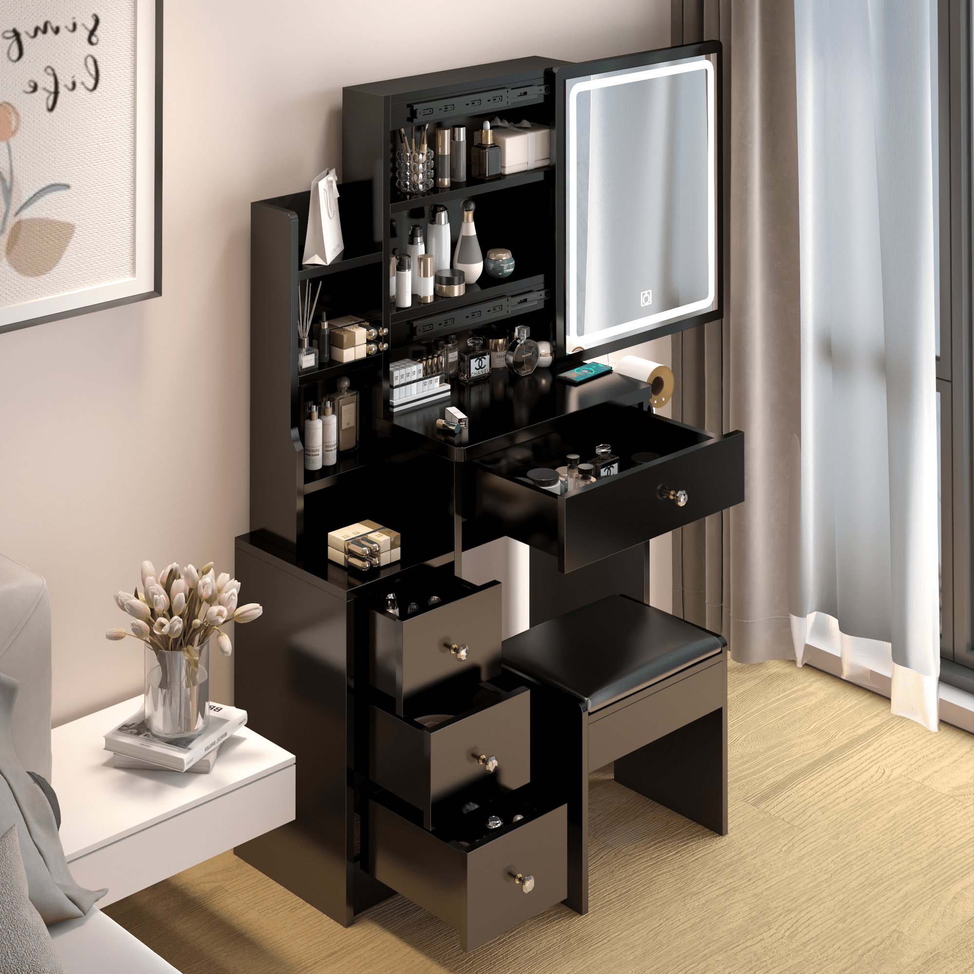 Modern Space-Saving Vanity Set with Power Station and Adjustable LED ...