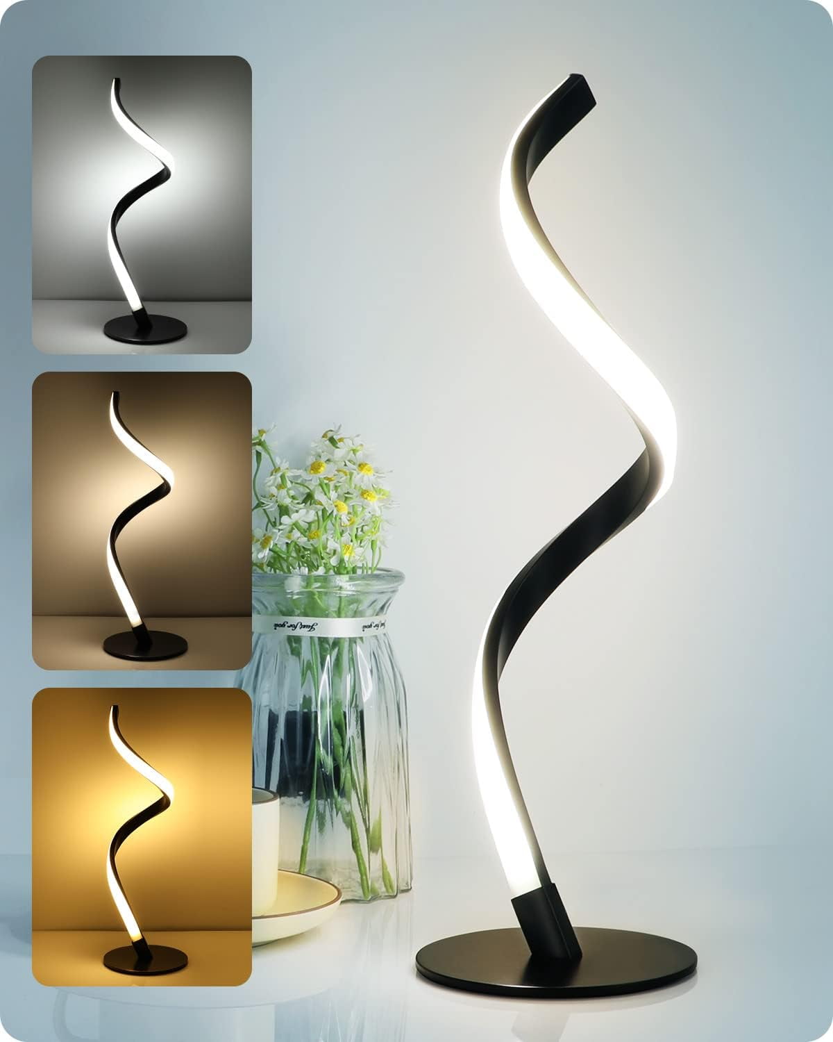 Modern Spiral Bedside Lamp - 3 Colors Touch Control LED Table Lamp, Stepless Dimmable Nightstand ...