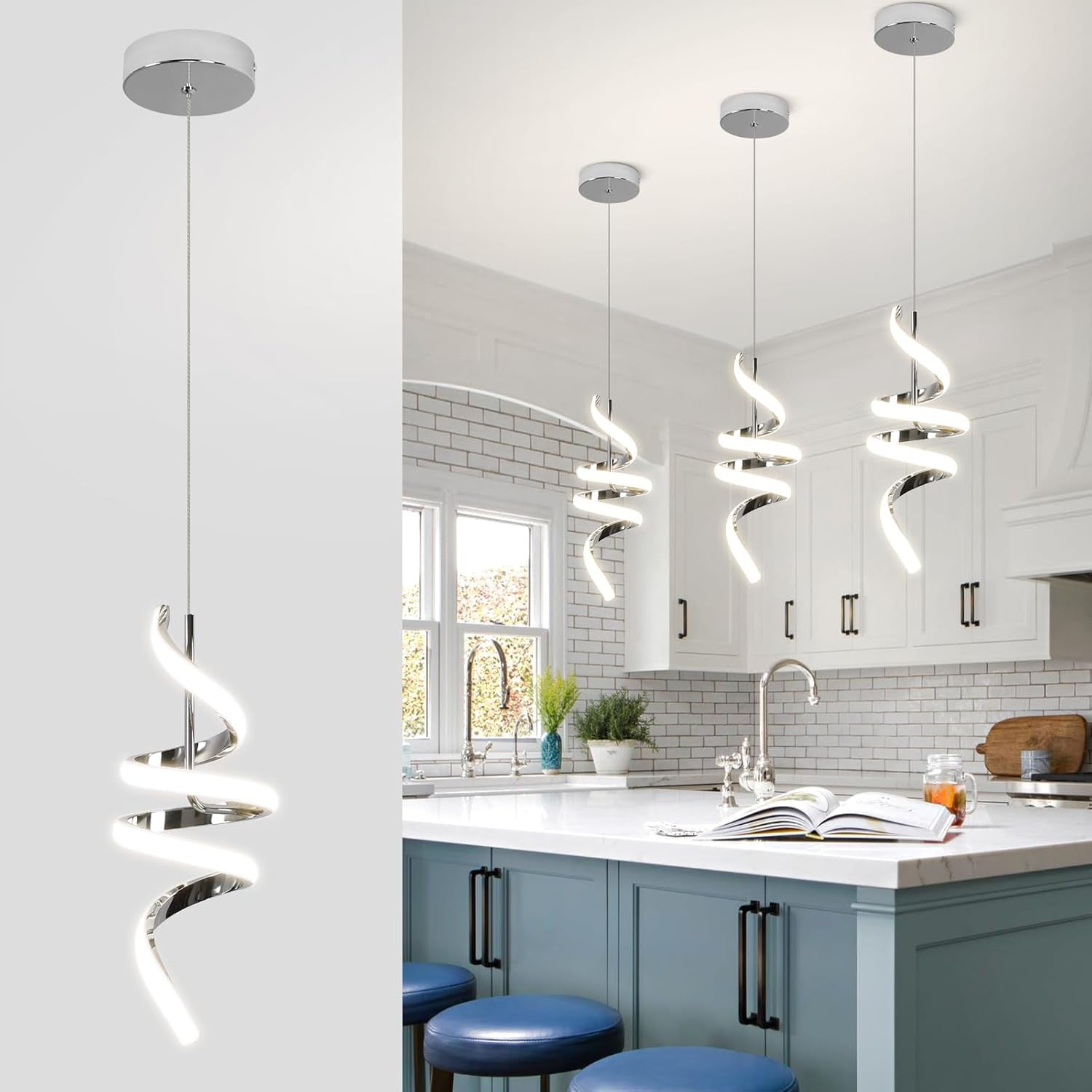 Modern Spiral LED Pendant Lights Kitchen Island, 22W Adjustable Height ...