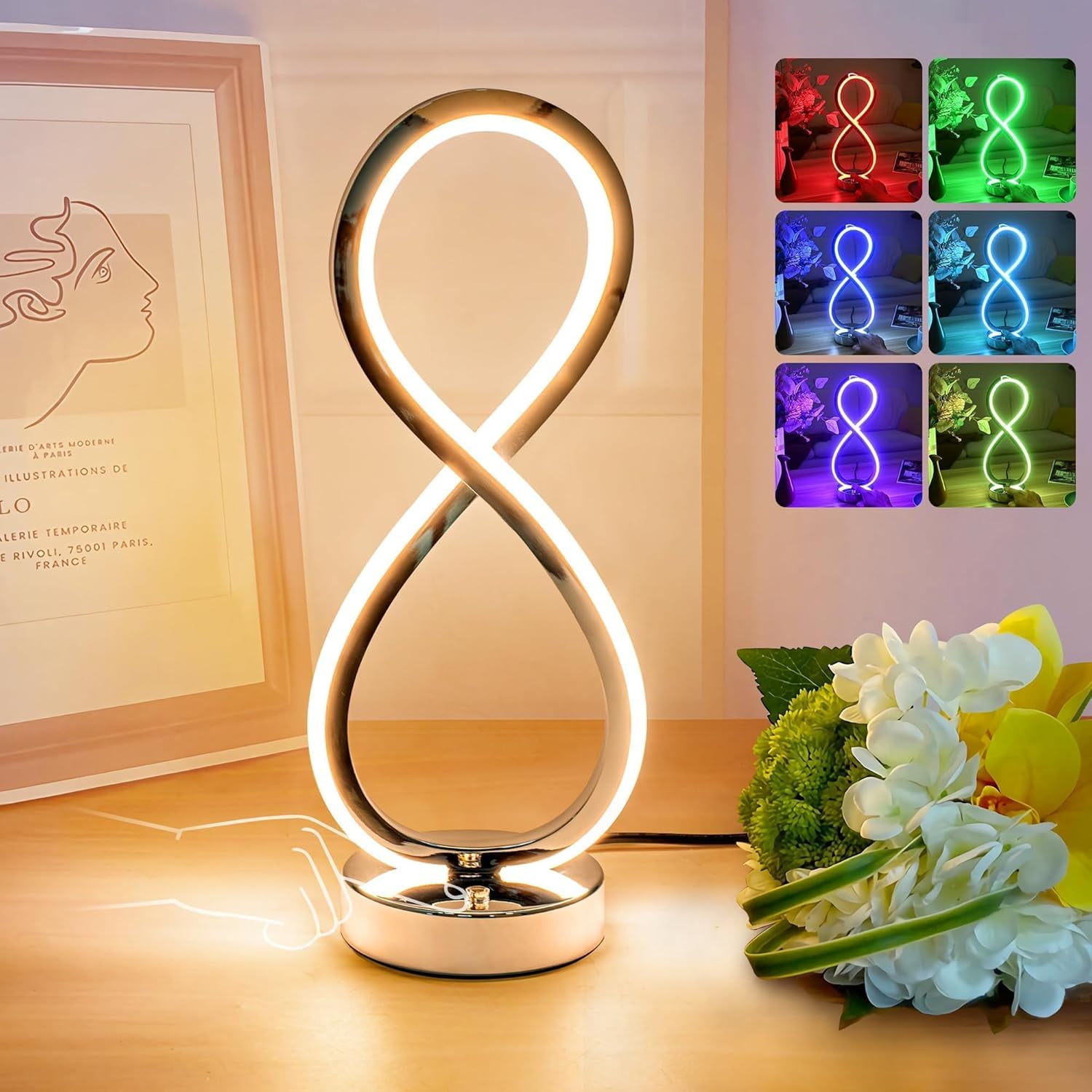 Modern Spiral RGB Table Lamp, Touch Dimmable Bedside Lamp, 7 Colors 10 ...