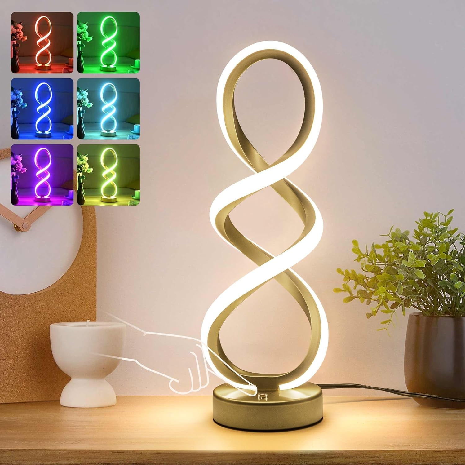 Modern Spiral RGB Table Lamp, Touch Dimmable Bedside Lamp, 7 Colors 10 ...