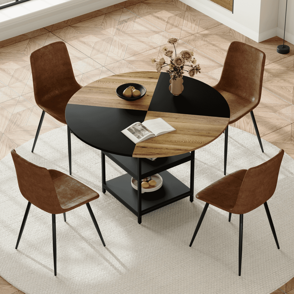 Modern Spliced Wood 4-Piece Dining Table Set, 47.3-Inch Round with Double-Layer Storage & 4 ...