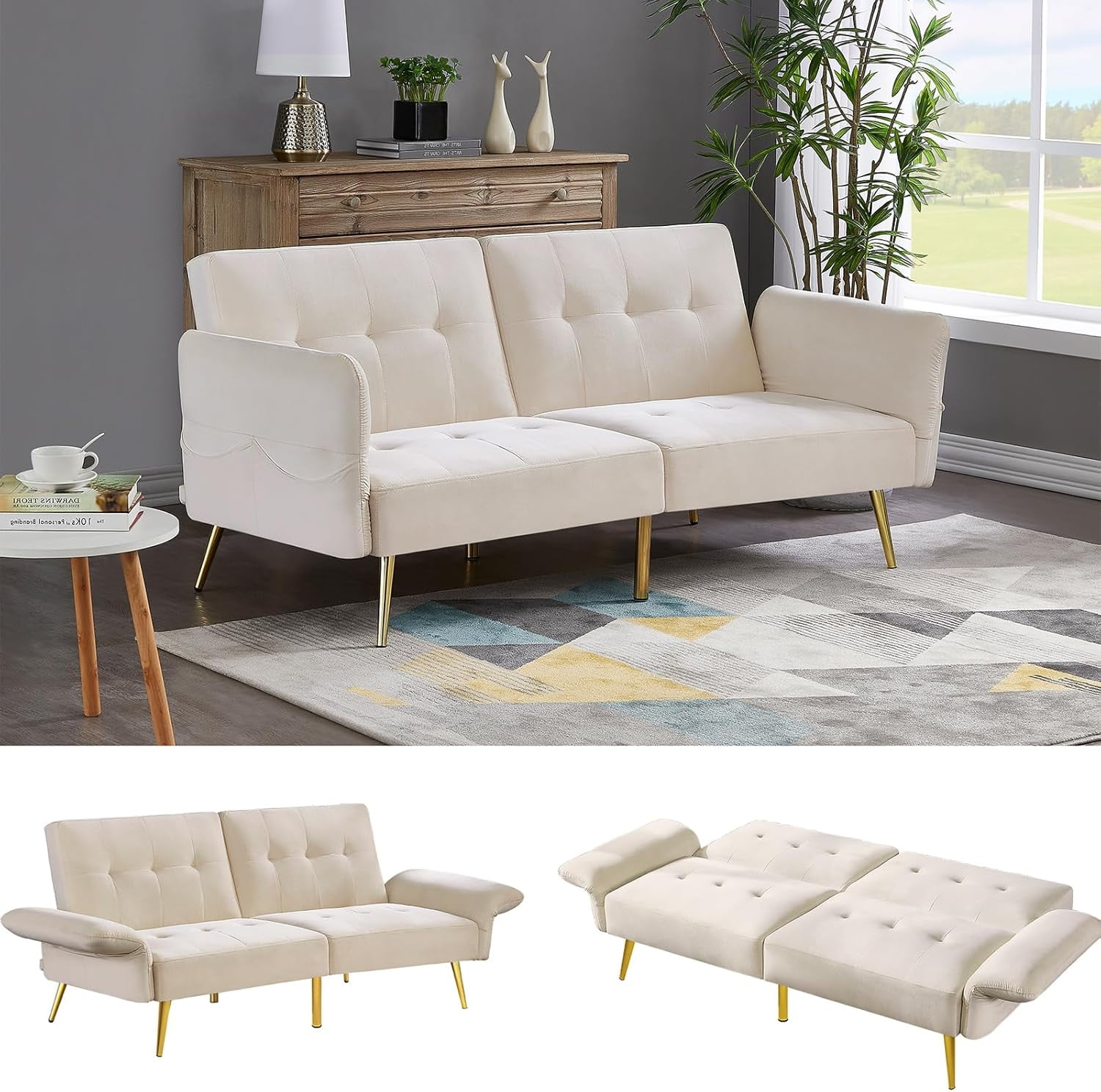 Modern Split-Back Futon Sofa Bed with Foldable Armrests & Storage ...