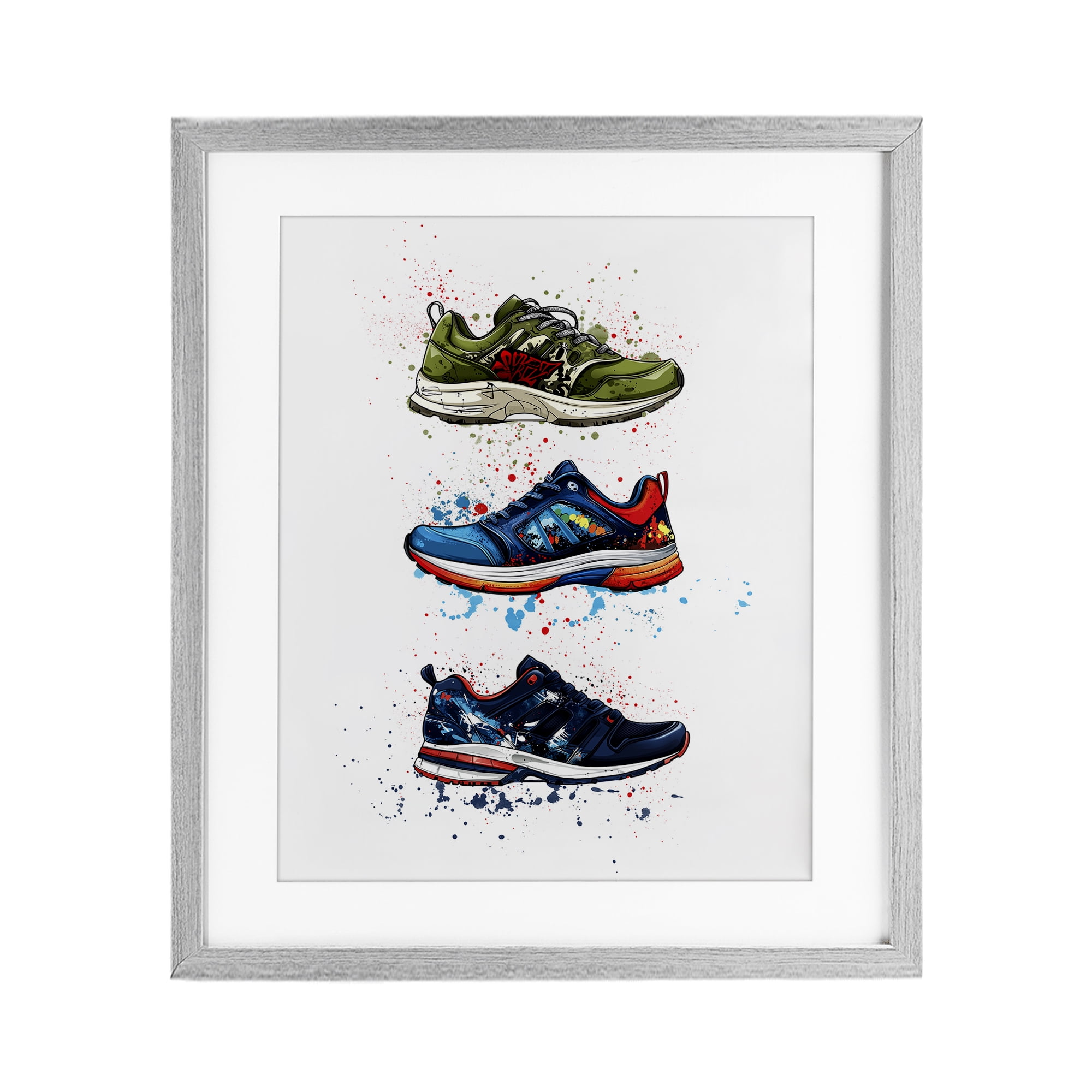 Modern Spray Sneakers Gray Framed Print Under Glass, design by ...