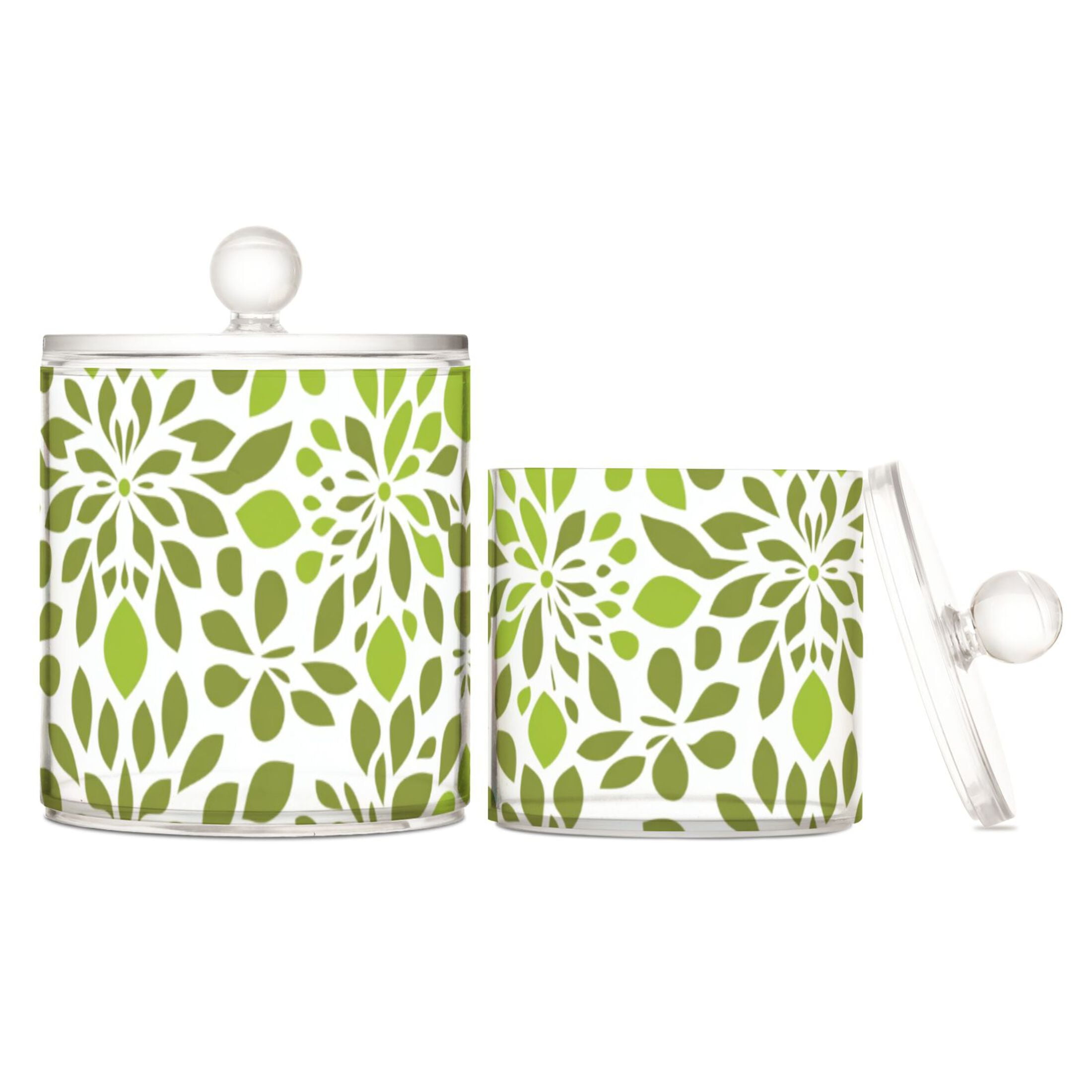 Modern Spring Green Leaves Translucent Plastic Cotton Swabs Canisters ...
