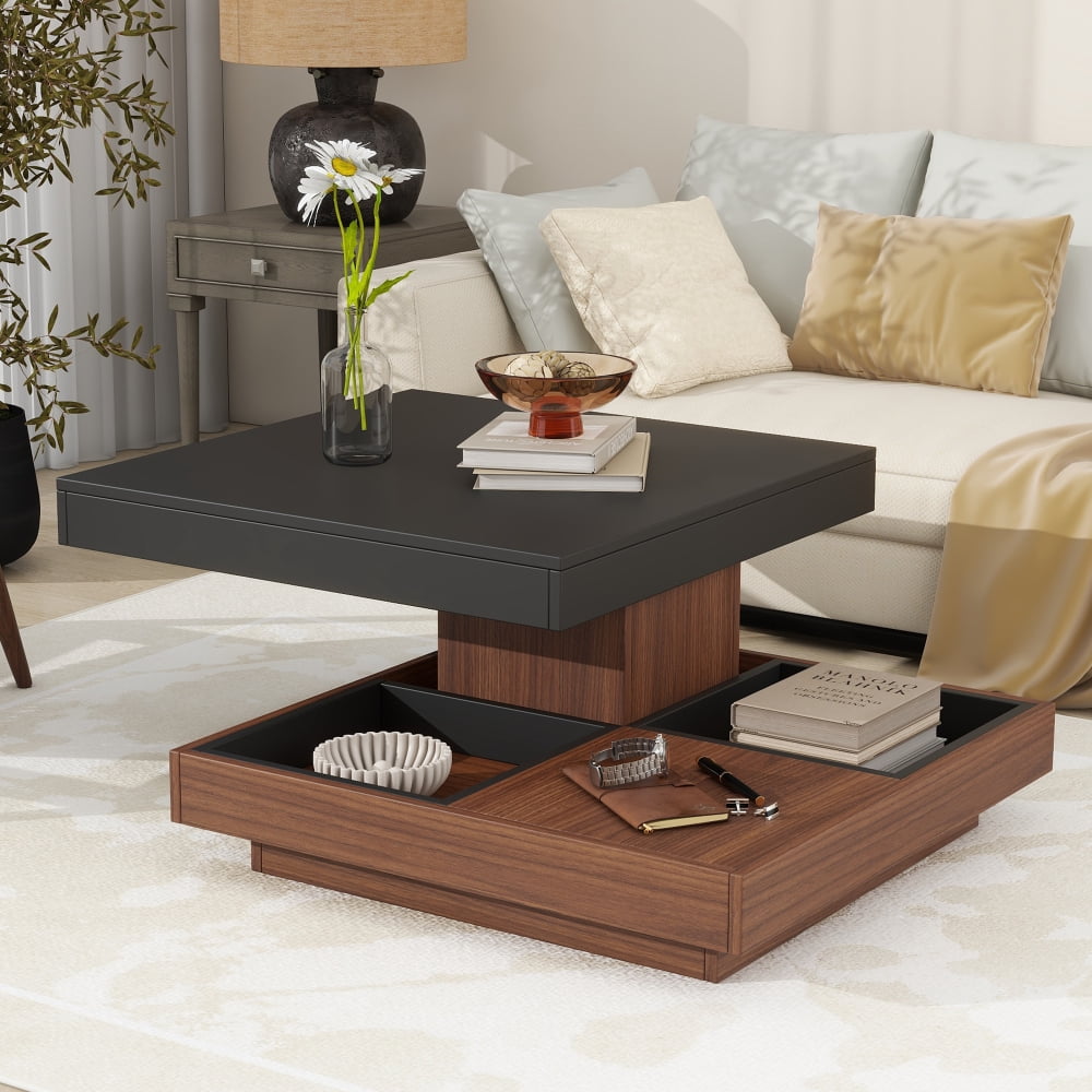 Modern Square 360°Rotating Coffee Table with Three Detachable Tray, 2 ...