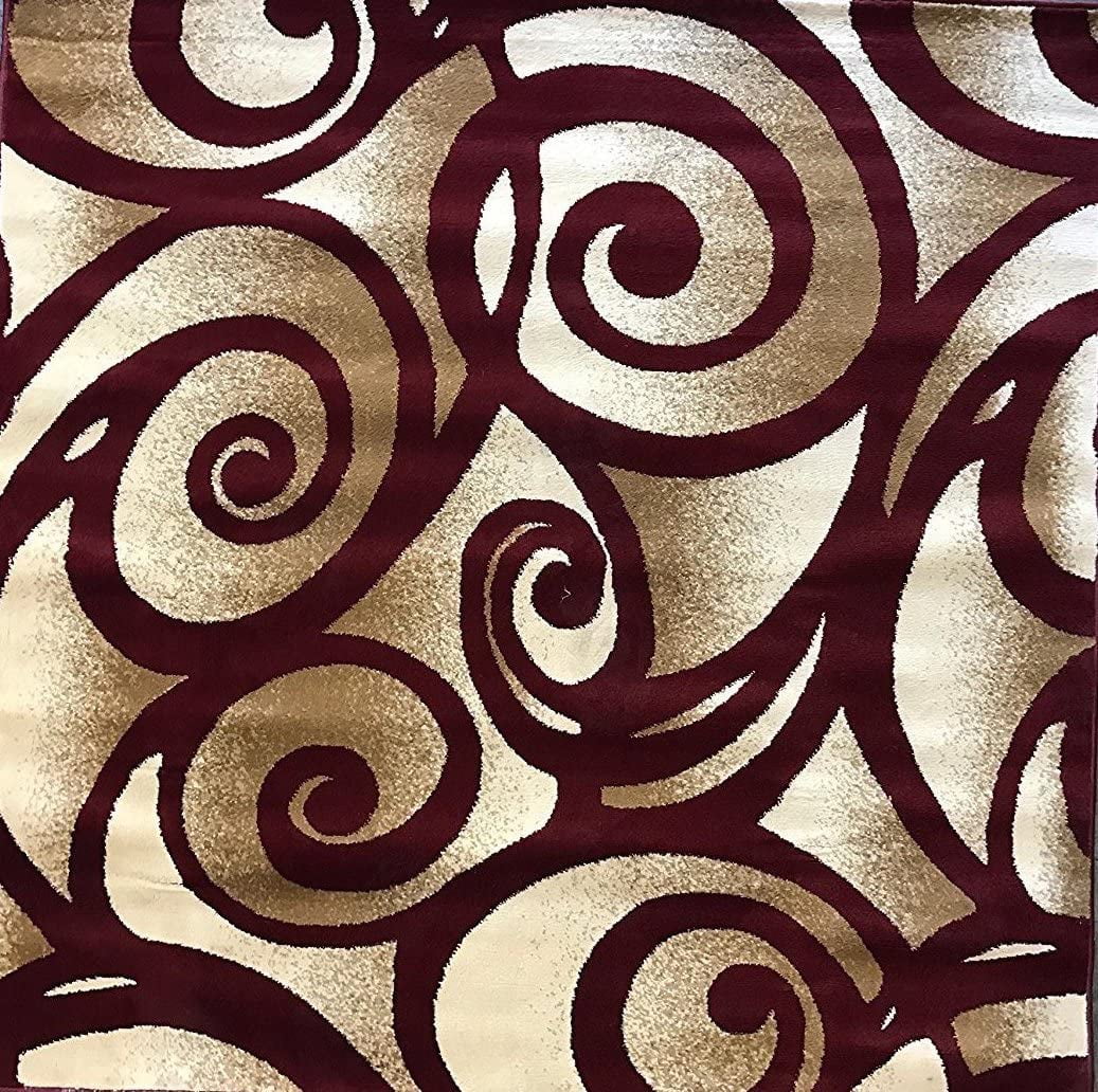 Modern Square Area Rug Burgundy Swirl Design 341 (7 Feet 3 Inch X 7 ...