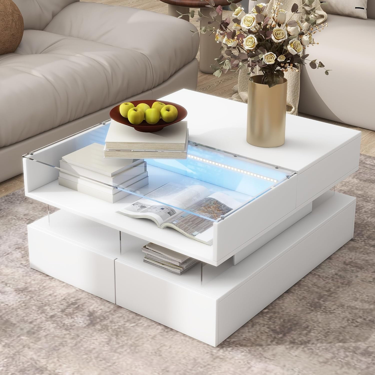 Modern Square Coffee Table with 2 Drawers and Hidden Space, Multi ...