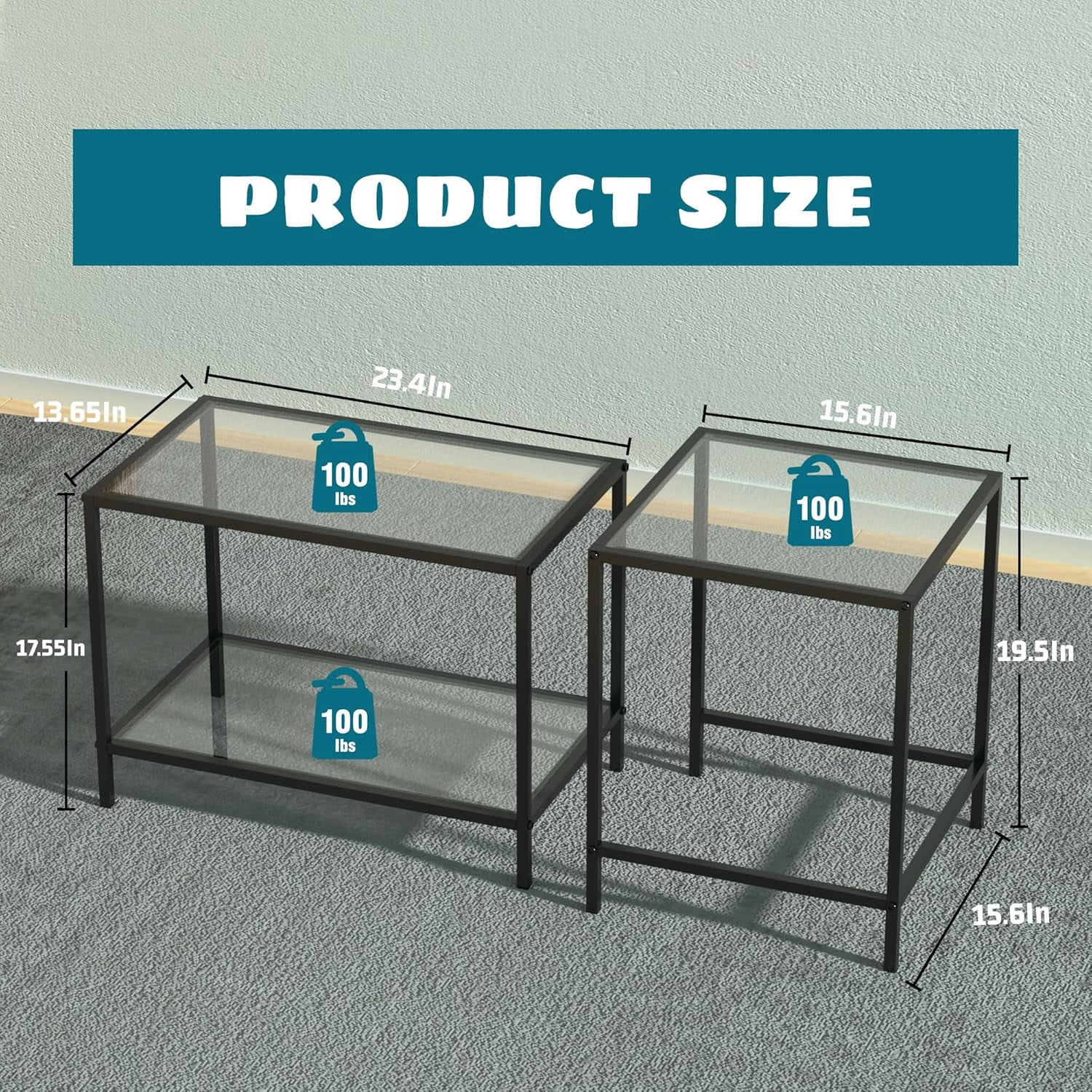 Modern Square Coffee Table Set of 2, Black Glass with Metal Frame, Easy ...