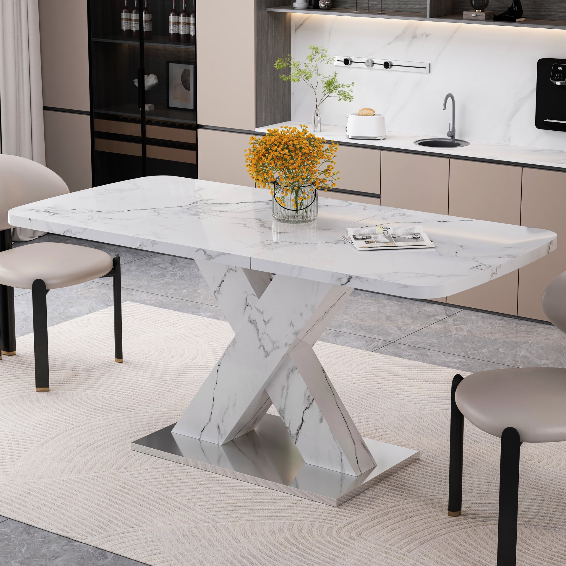 Modern Square Dining Table With Stretch Function, White Marble Top ...