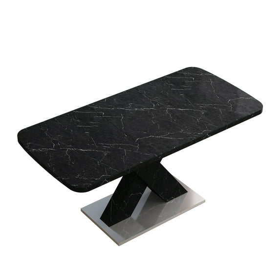 Modern Square Dining Table, Stretchable, Black Marble Table Top+MDF X-Shape Table Leg with Metal ...