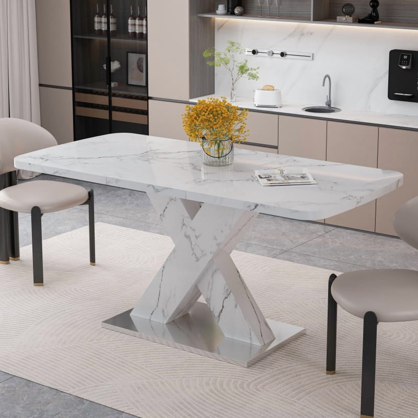 Modern Square Dining Table,Stretchable,Printed Black Marble Table Top ...