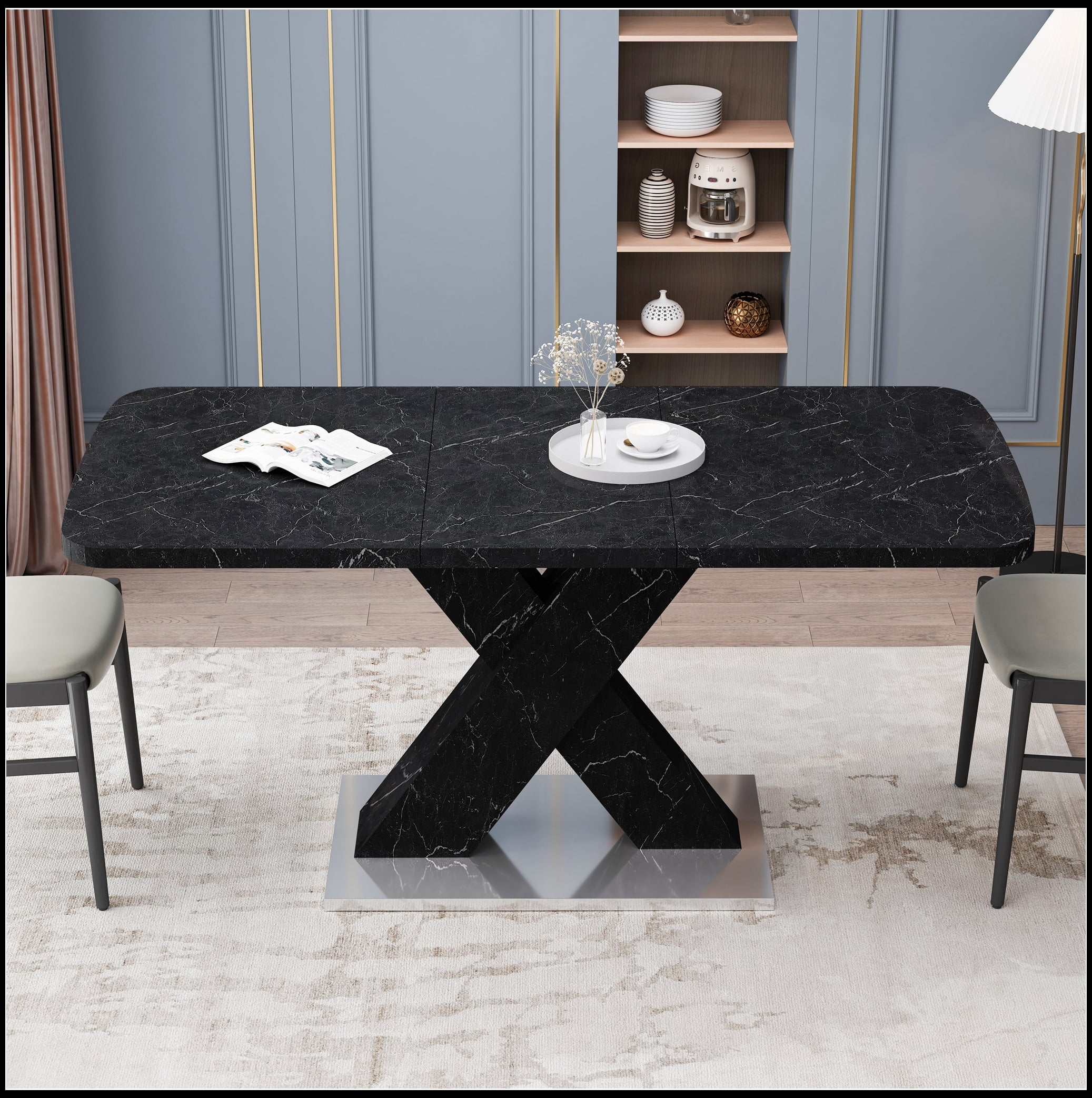 Modern Square Dining Table,Stretchable,Printed Black Marble Table Top ...