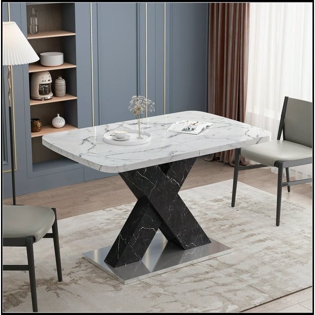 Modern Square Dining Table, Stretchable, White Marble Table Top+MDF ...