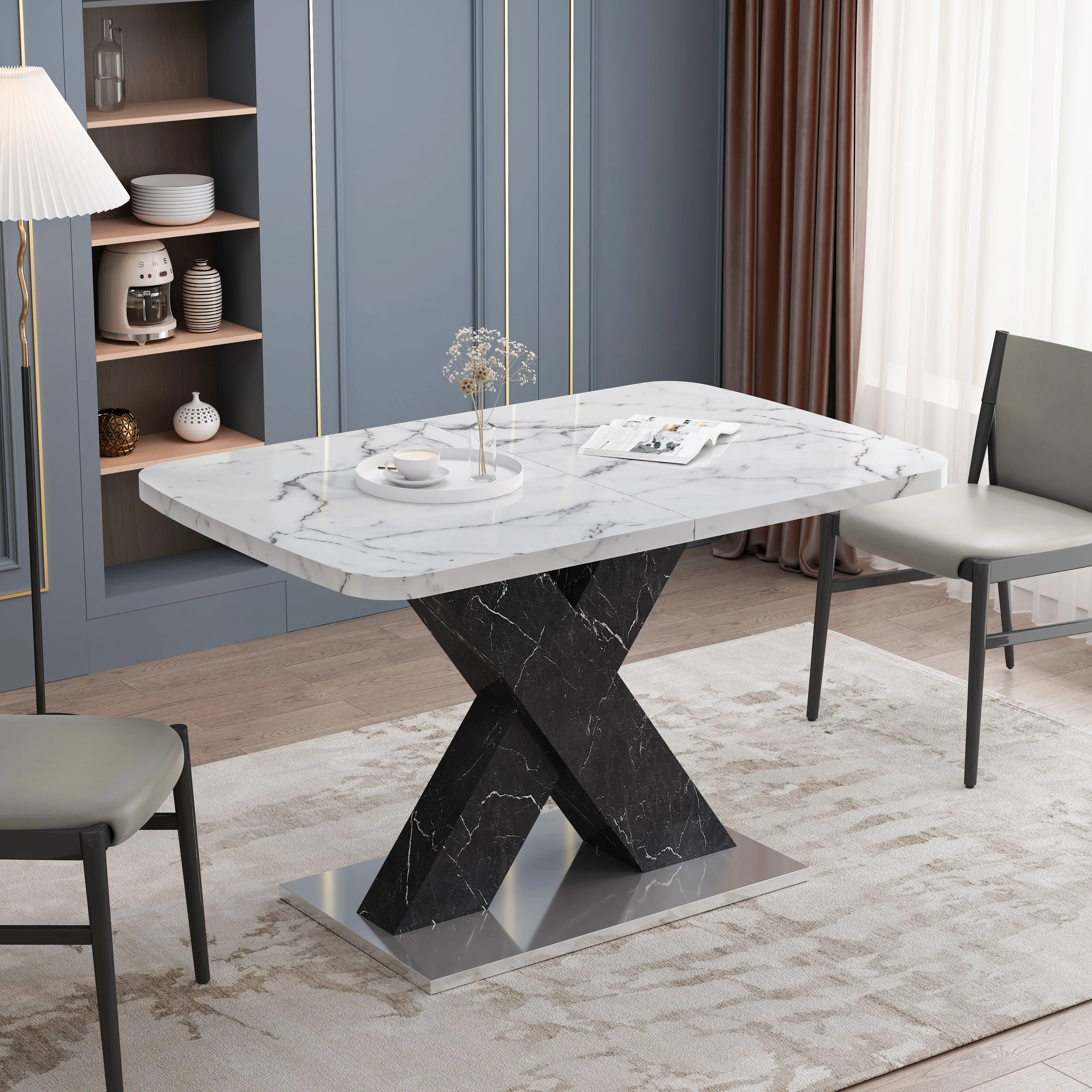 Modern Square Dining Table, Stretchable, White Marble Table Top+MDF ...