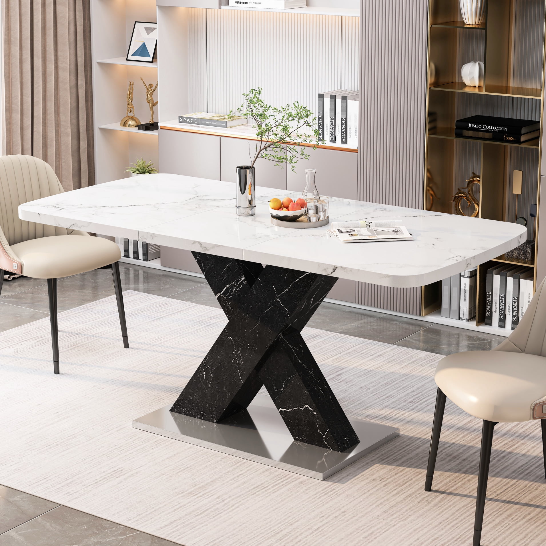 Modern Square Dining Table - Stretchable, White Marble-like Tabletop ...