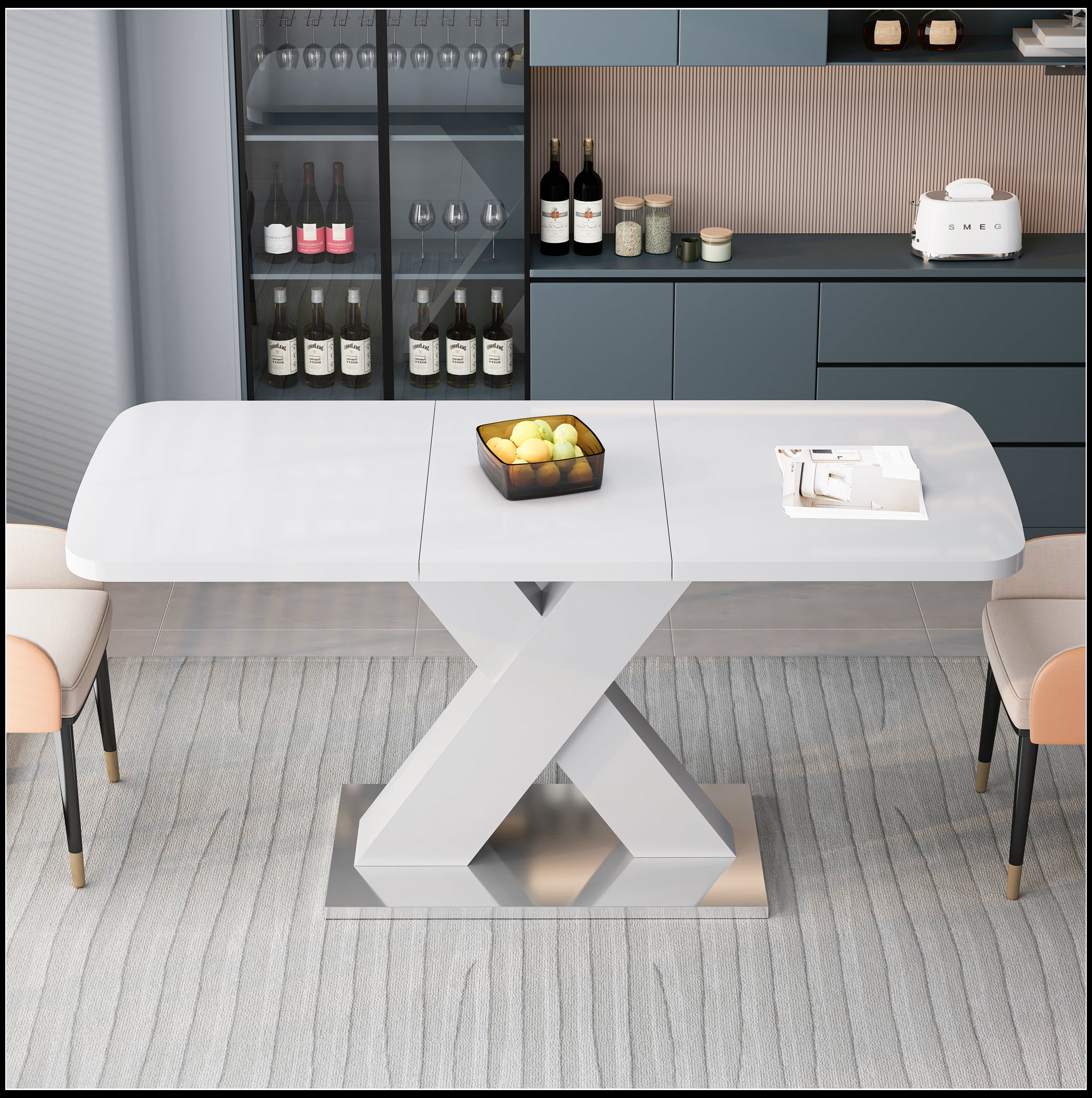 Modern Square Dining Table, Stretchable, White Table Top+MDF X-Shape ...