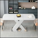 Modern Square Dining Table, Stretchable, White Table Top+MDF X-Shape ...