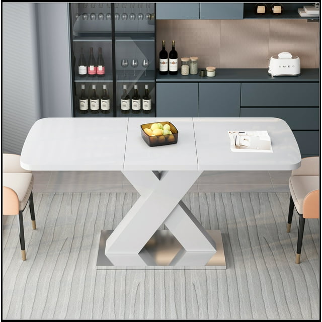 Modern Square Dining Table, Stretchable, White Table Top+MDF X-Shape ...
