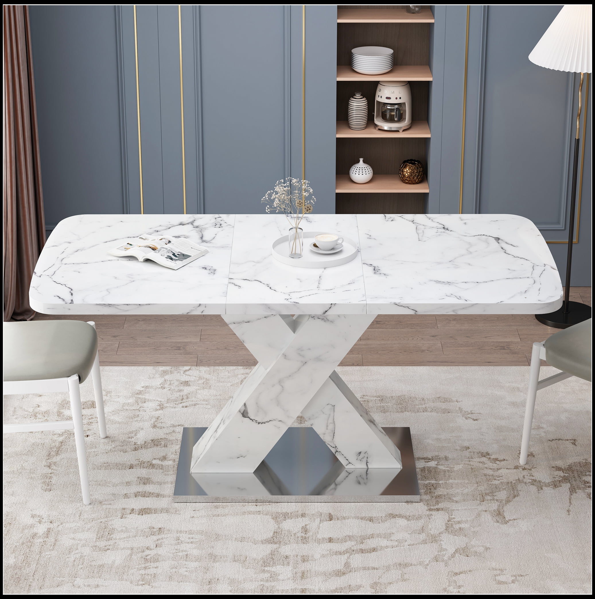 Modern Square Dining Table, Stretchable, white Marble Table Top+MDF X ...