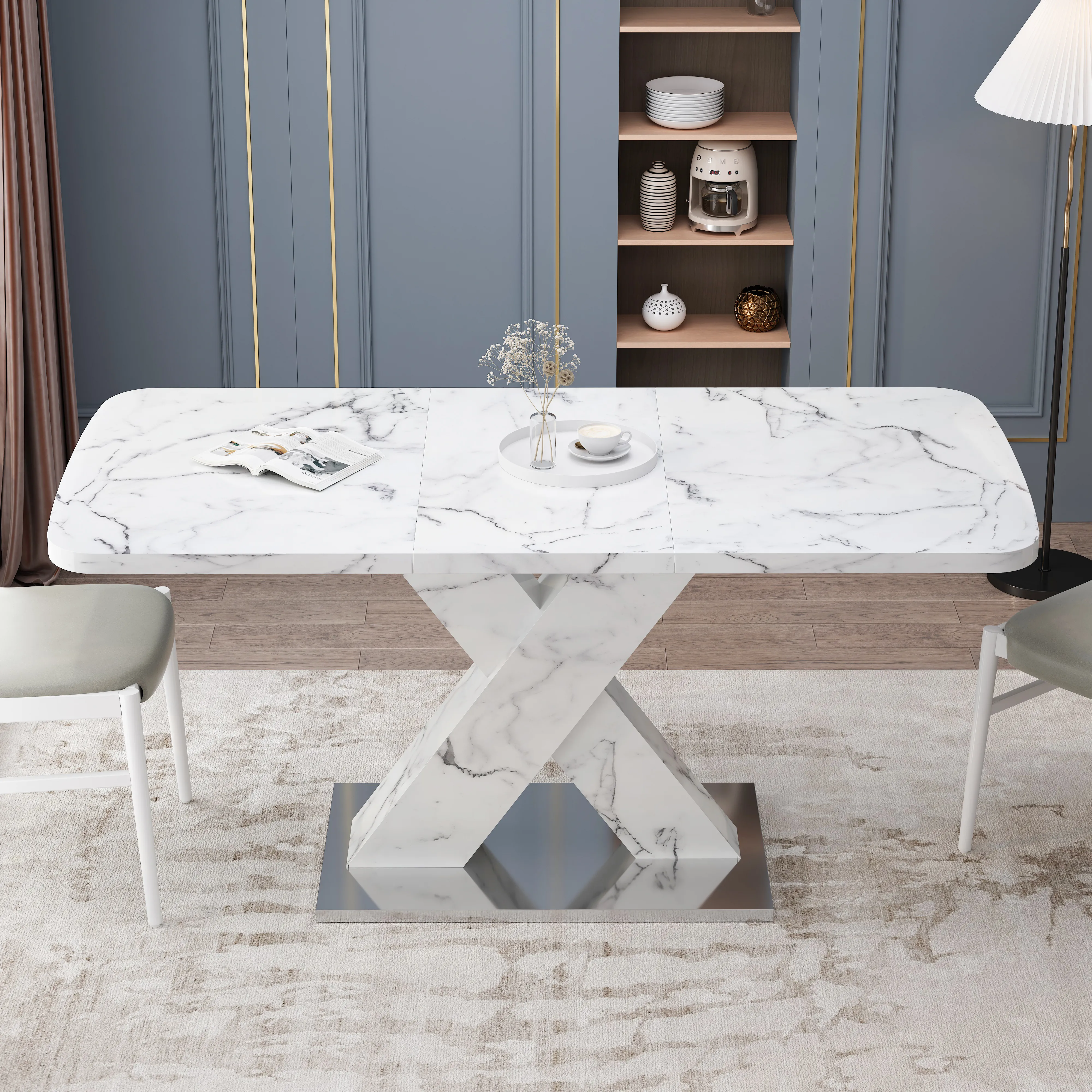 Modern Square Dining Table, Stretchable, white Marble Table Top+MDF X ...