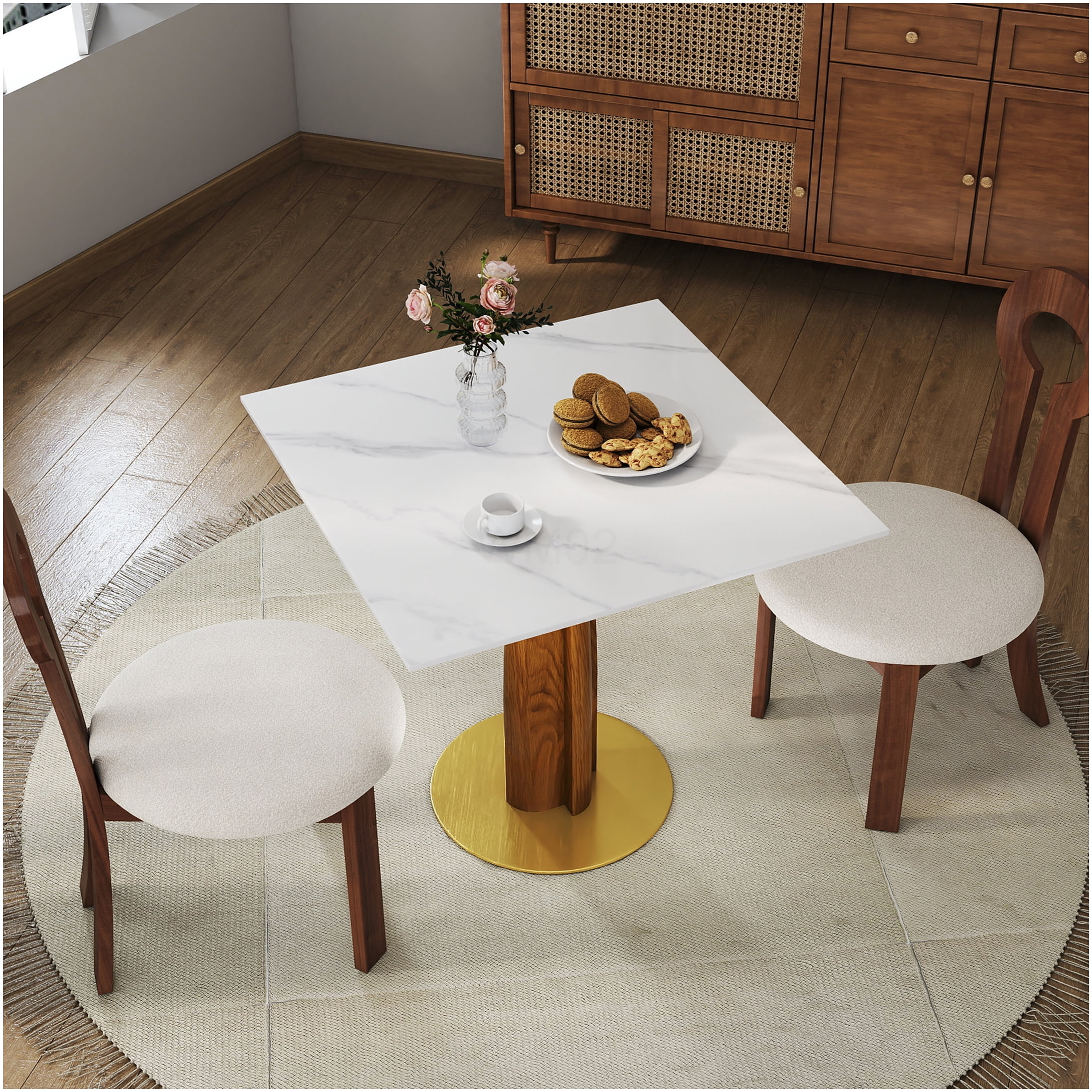Modern Square Dining Table with Gold Base, 33.5 Inch Sintered Stone and ...