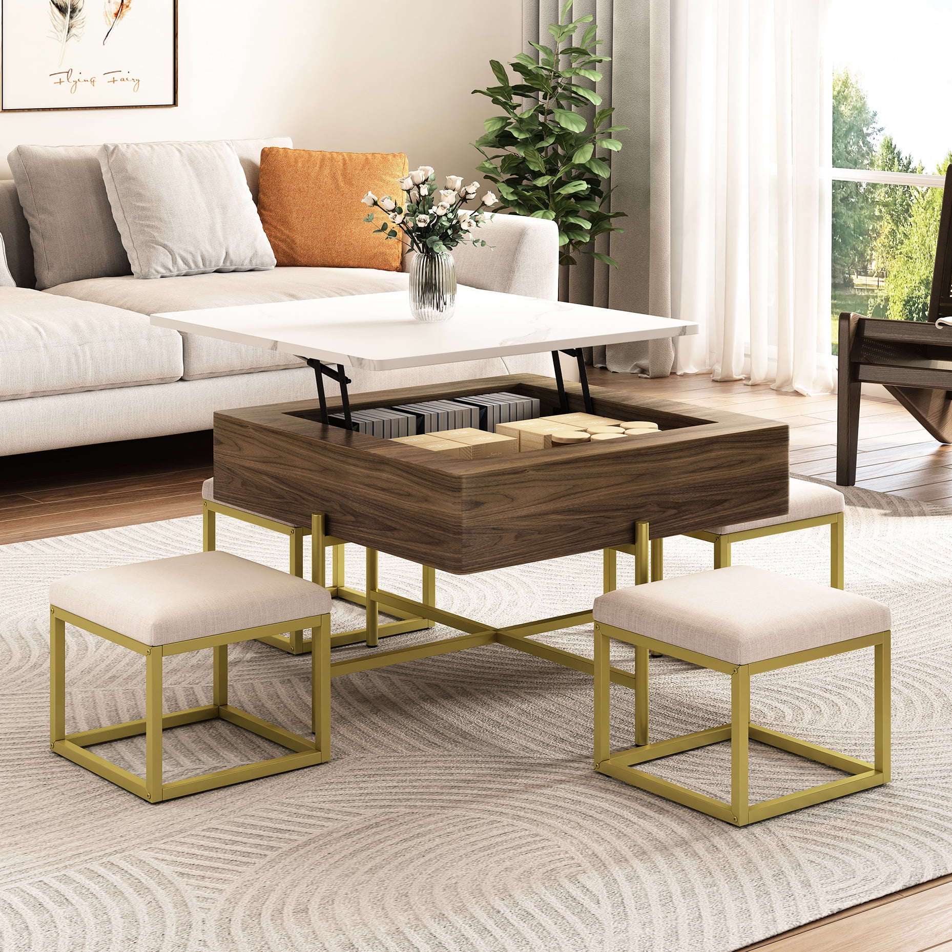 Modern Square Lift-top Coffee Table With Storage And 4 Ottomans In ...