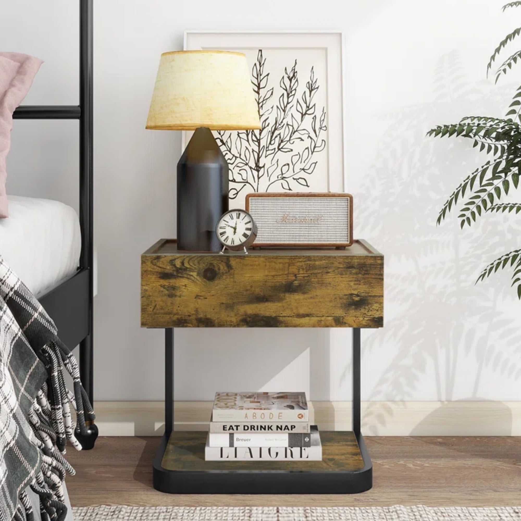 Modern Square Nightstand Soft Close Drawer Black Metal Base 18x18x15 D ...