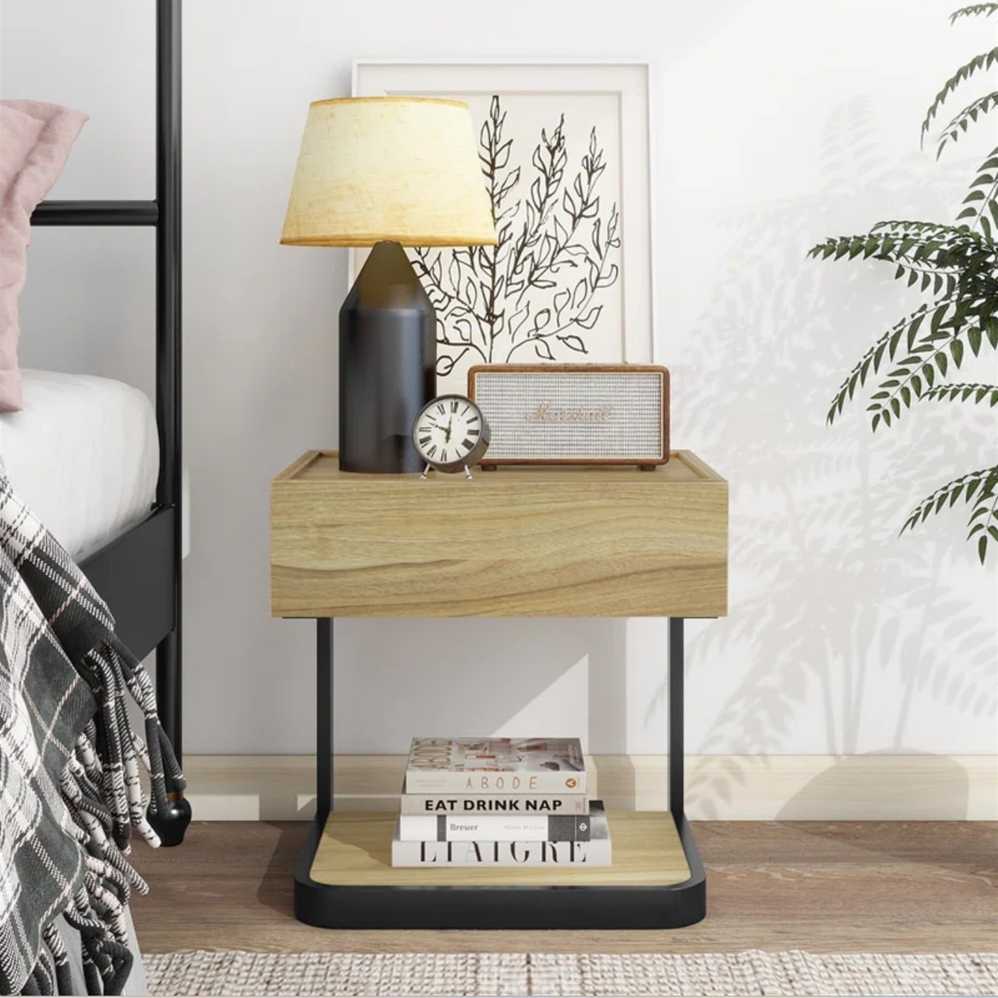 Modern Square Nightstand Soft Close Drawer Black Metal Base 18x18x15 D ...