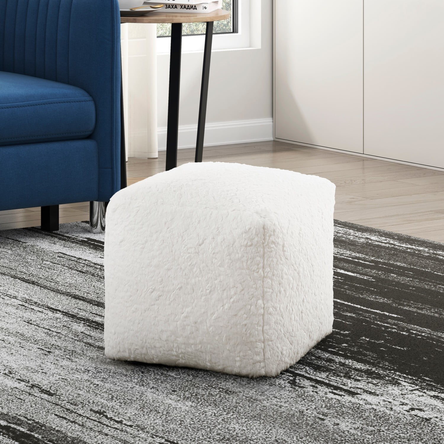 Modern Square Pouf Ottoman Upholstered in Faux Fabric - Non-Slip ...