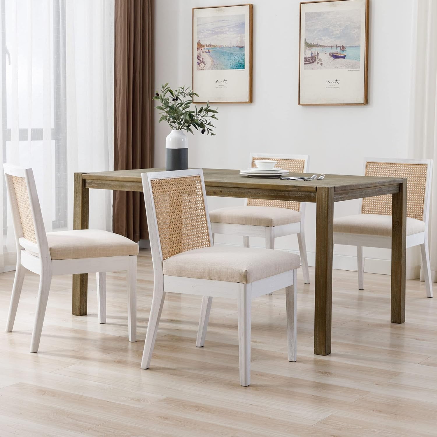 Modern Square Rattan Back Dining Chairs with Upholstered Seat Cushion ...