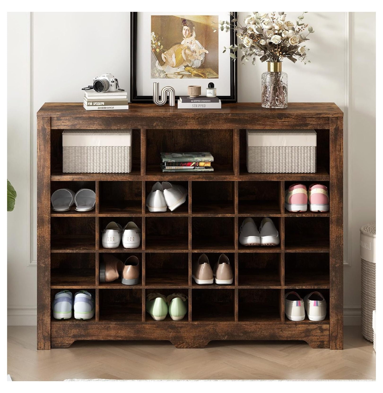 Modern Square Shoe Cabinet with Curved Base, Sleek Design 24 Shoe Cubby ...