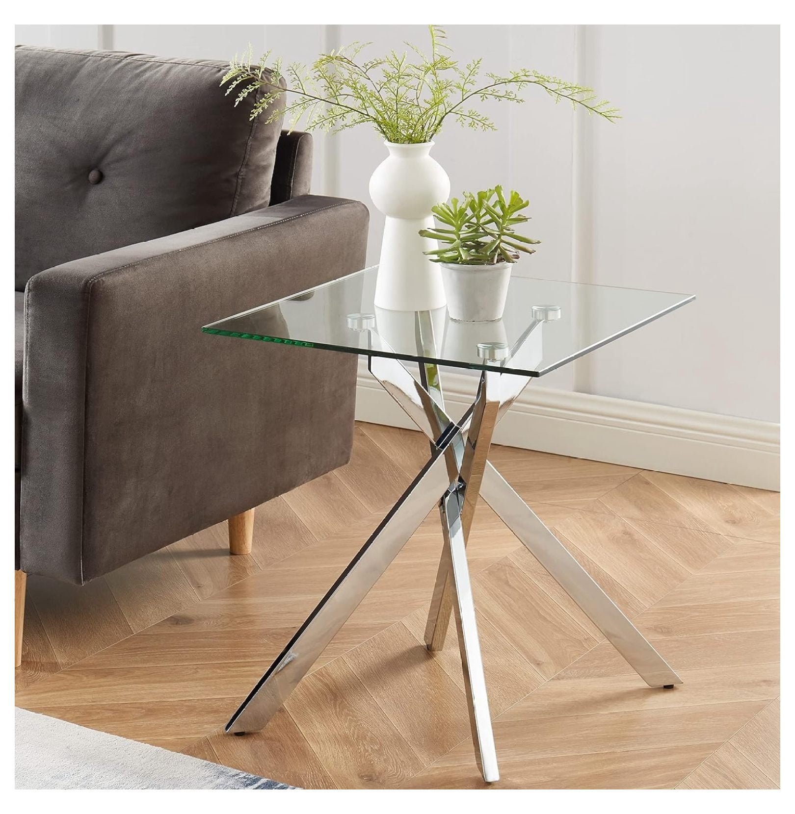 Modern Square Side Table with Tempered Glass Top and Metal Tubular Legs ...