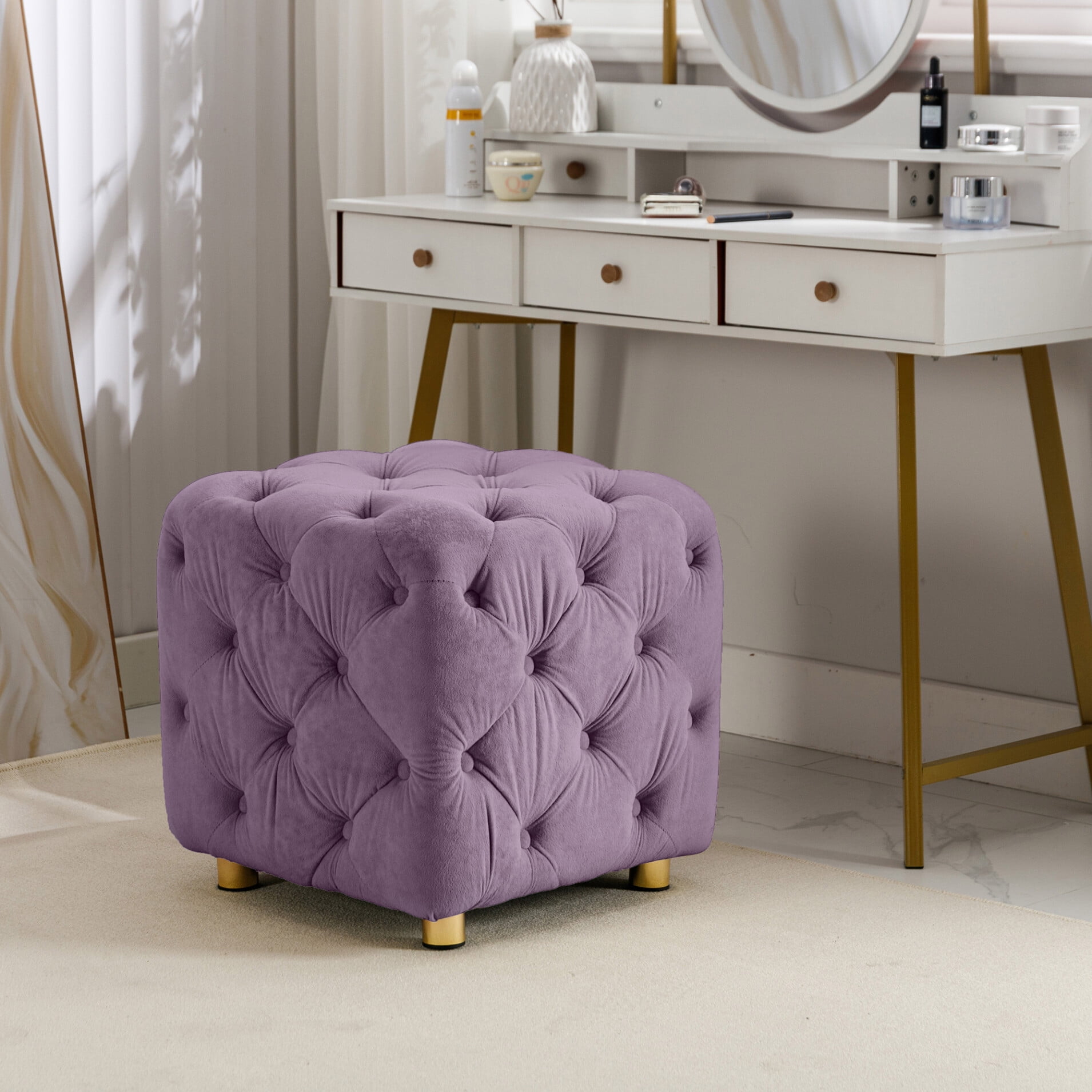 Modern Square Velvet Upholstered Ottoman, Makeup Stool Chair with 4 ...