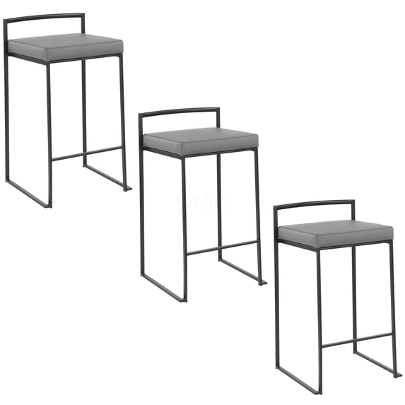 Modern Stackable Counter Stool Set of 3 with Gray Faux Leather Seat ...