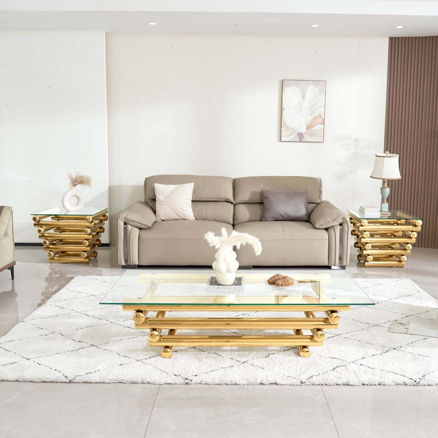 Modern Stainless Steel Coffee Table Set (Set of 3) Clear Tempered Glass ...