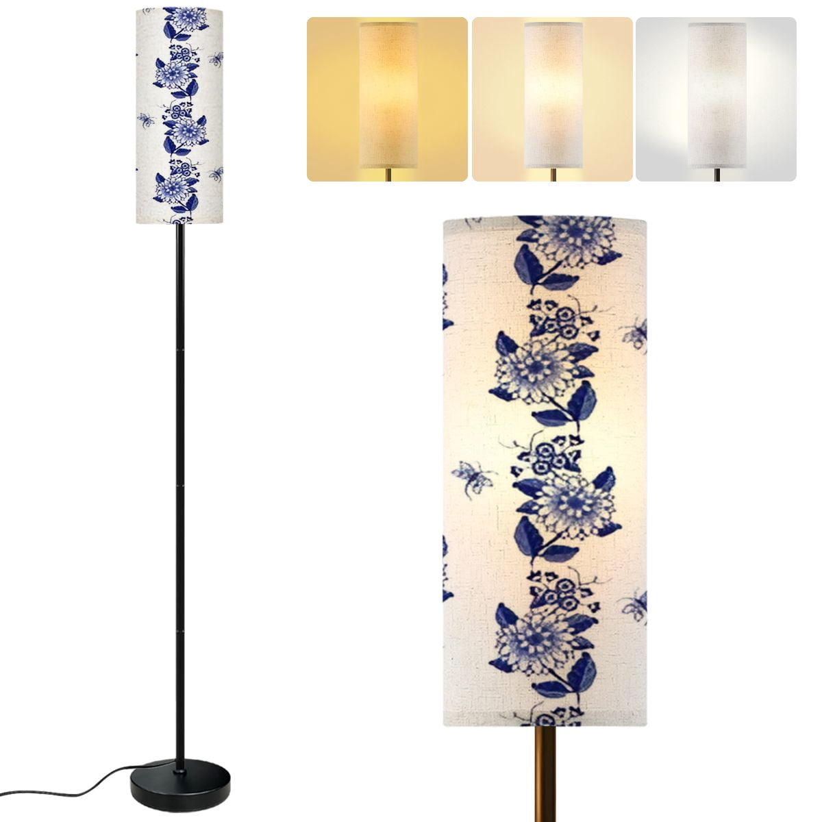 Modern Standing Floor Lamp Blue white abstract flowers butterflies ...