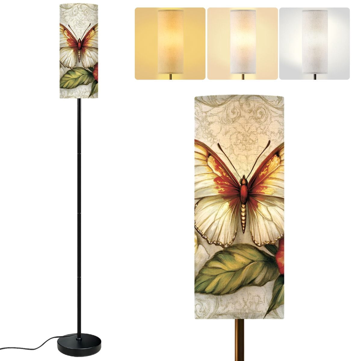 Modern Standing Floor Lamp Boho Butterfly Flowers Red Yellow Rose Peony ...