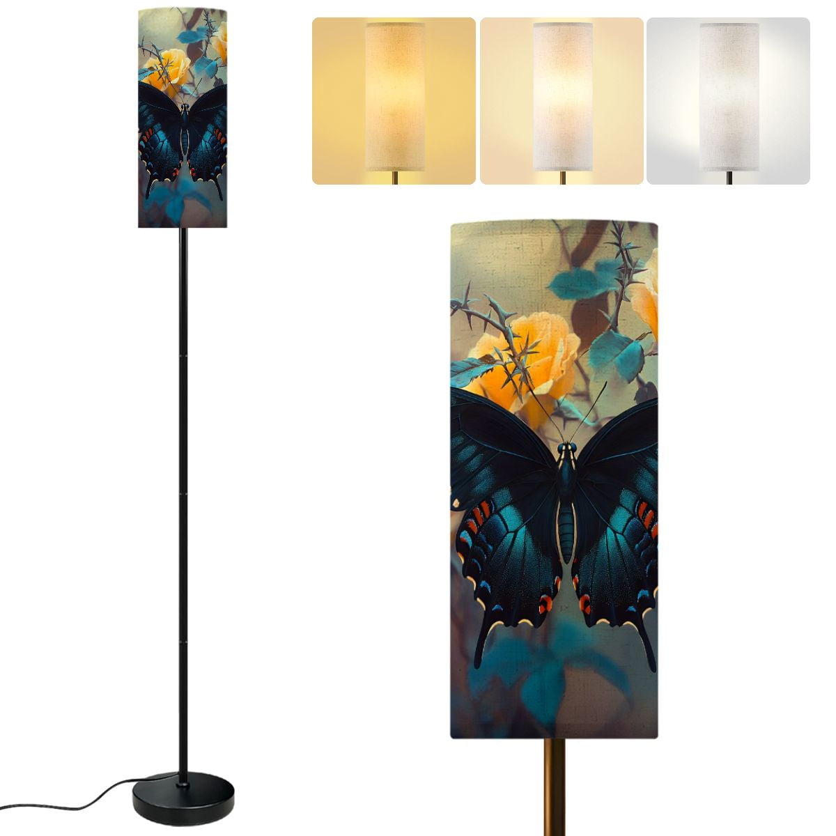 Modern Standing Floor Lamp Boho Roses Floral Butterfly Orange Blue ...