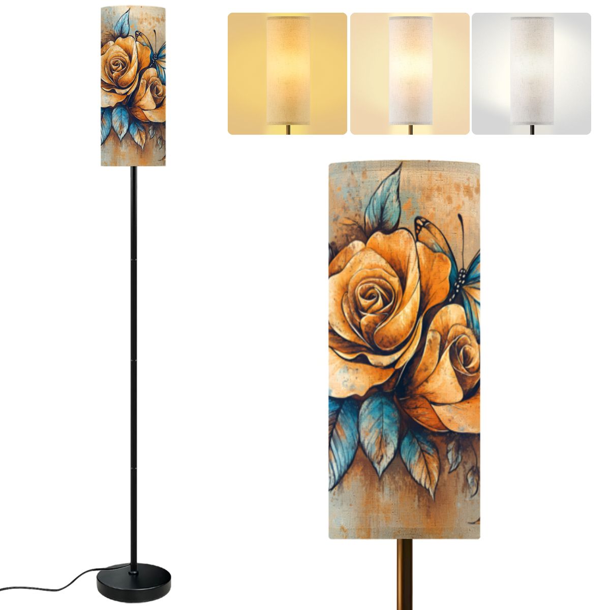 Modern Standing Floor Lamp Boho Roses Floral Butterfly Orange Blue ...
