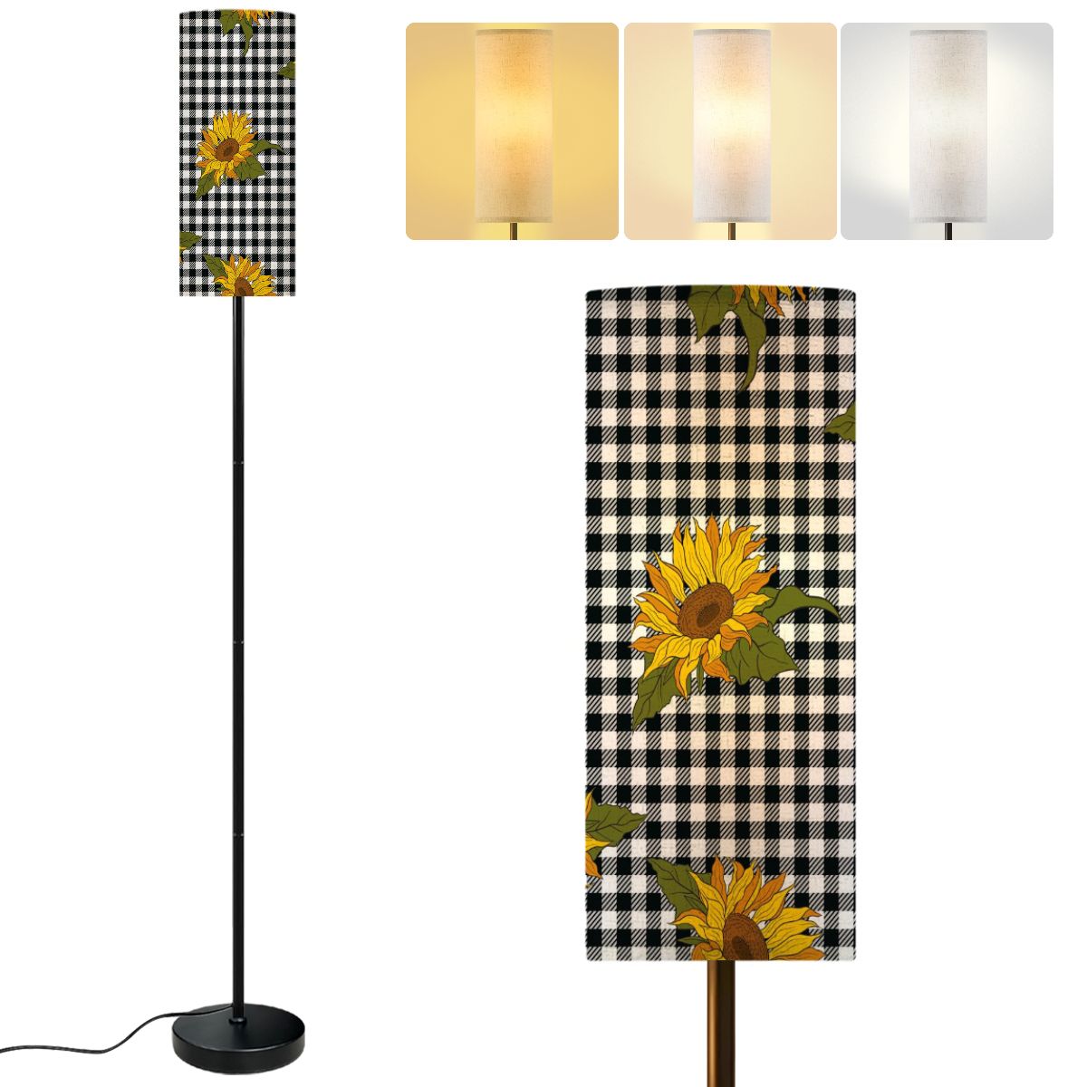 Modern Standing Floor Lamp Bright sunflowers black white buffalo check ...