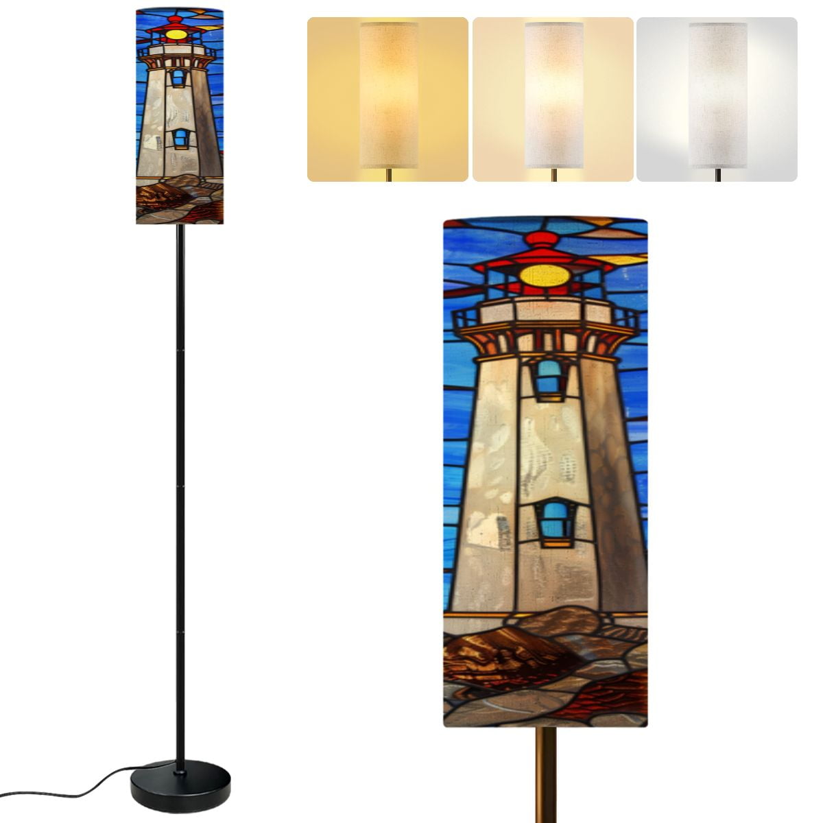 Modern Standing Floor Lamp Coastal Inspired Lighthouse Glass Panel ...