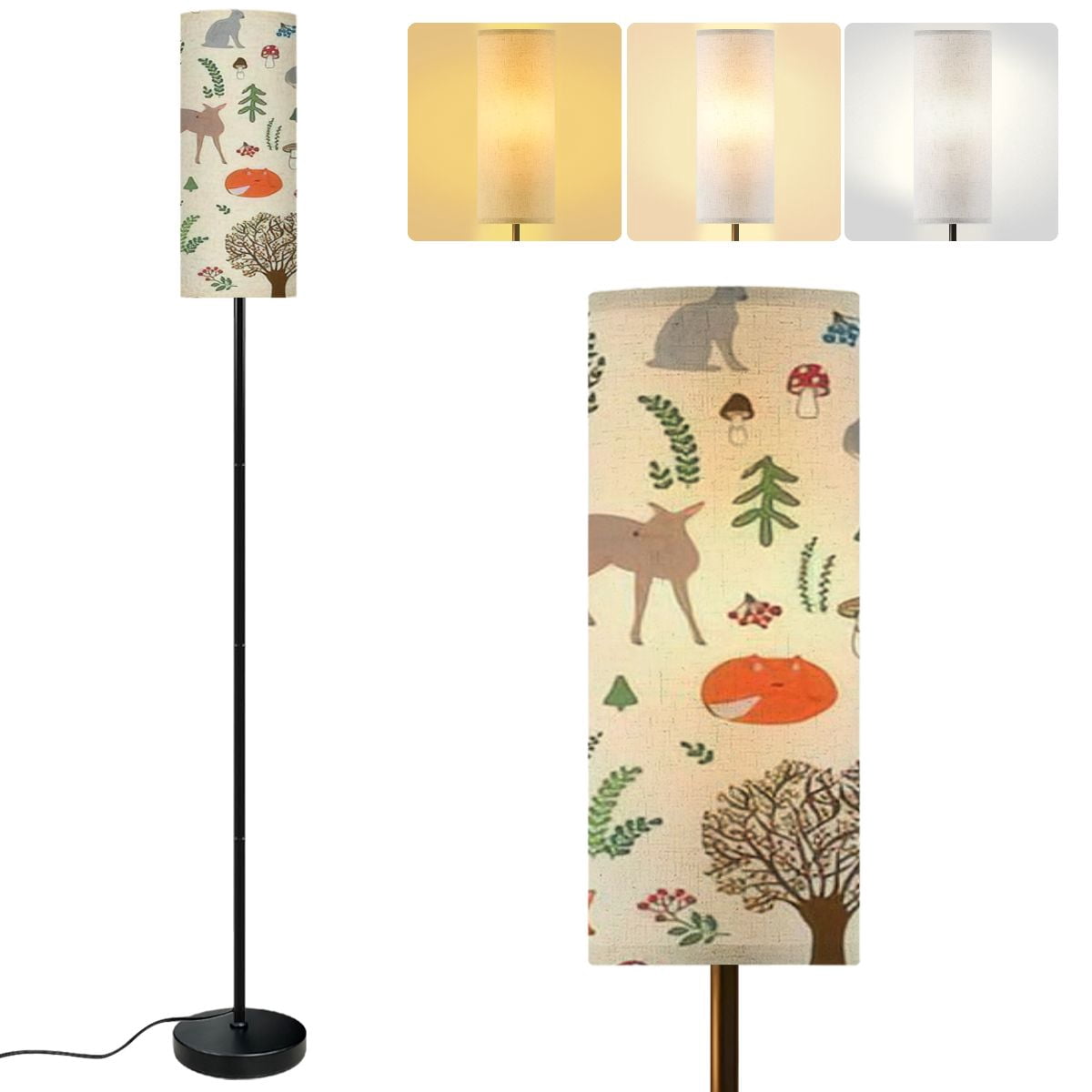 Modern Standing Floor Lamp Cute animal friends forest trees plants ...