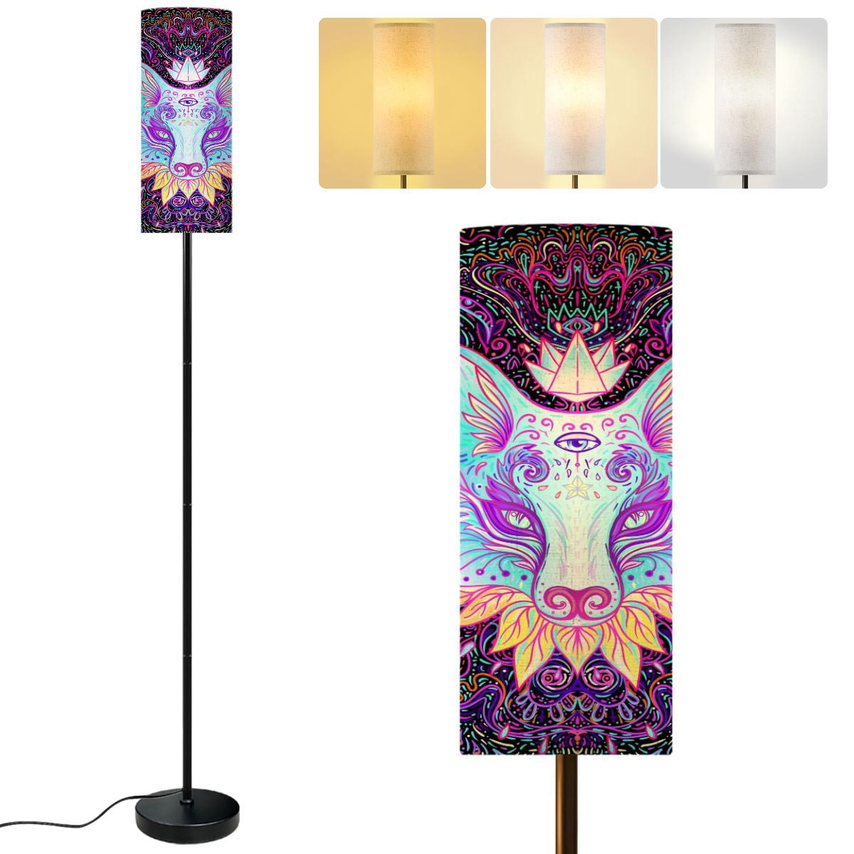 Modern Standing Floor Lamp Cute fox face psychedelic ornate pattern ...